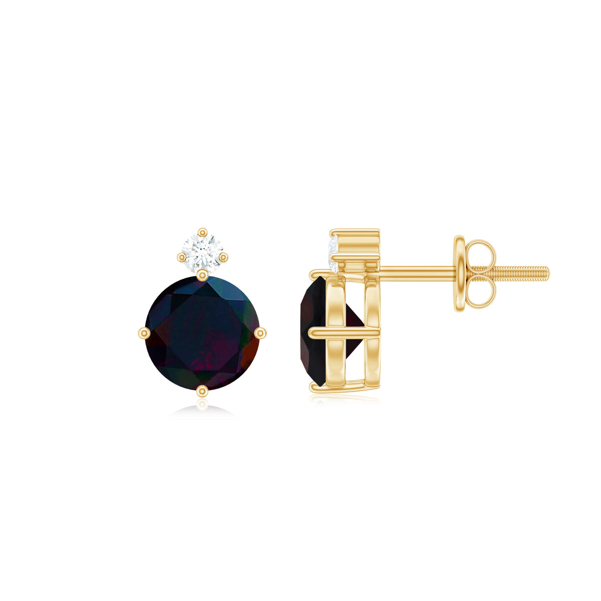 Simple Round Black Opal Solitaire Stud Earrings with Dainty Moissanite ...
