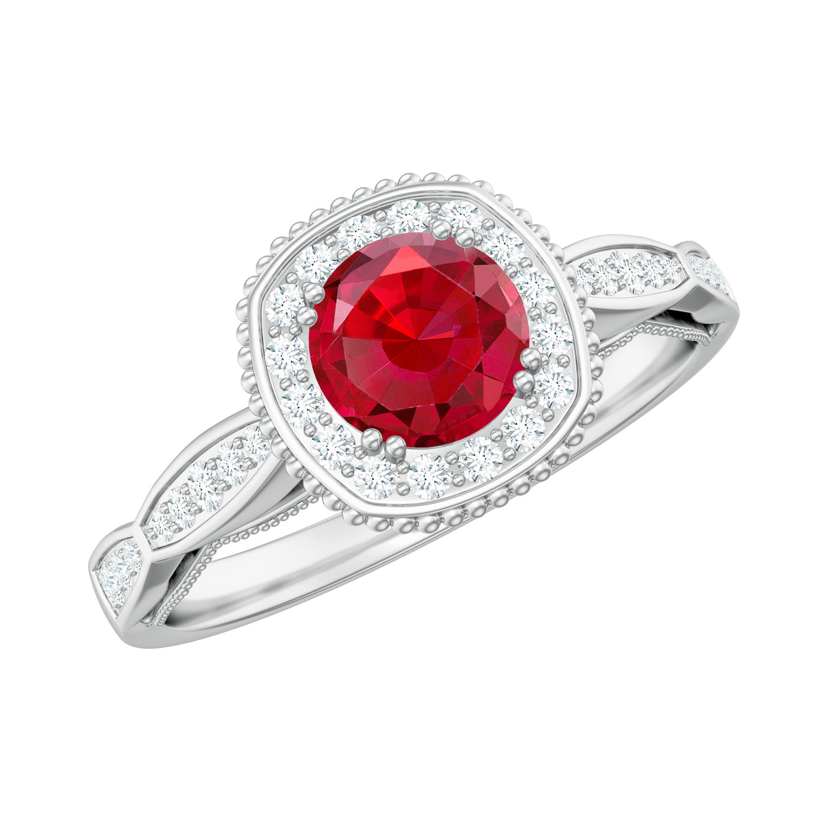 Vintage Inspired Round Created Ruby Engagement Ring with Diamond Halo ...